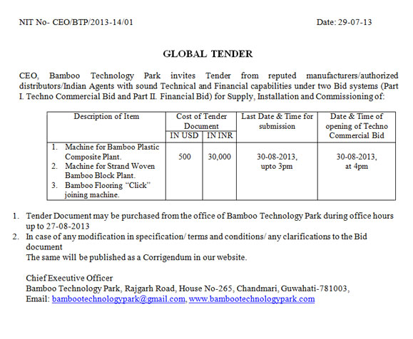 Notice Inviting Tender 27-08-2013 – Bamboo Technology Park